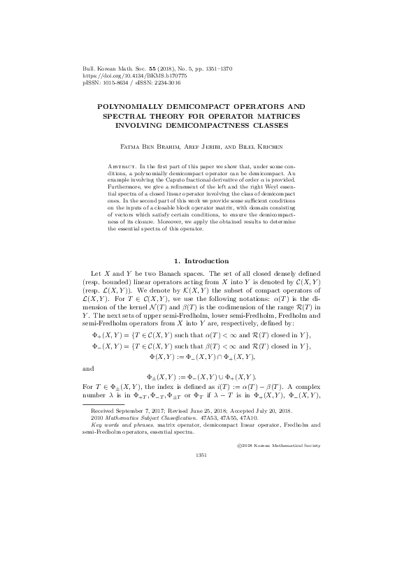 (PDF) Polynomially Demicompact Operators and Spectral Theory for Operator Matrices Involving ...