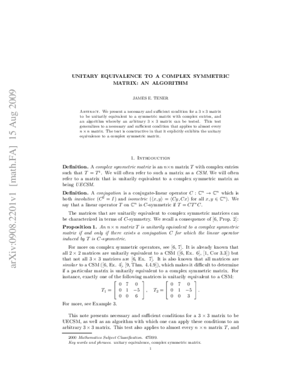 Pdf Unitary Equivalence To A Complex Symmetric Matrix An Algorithm