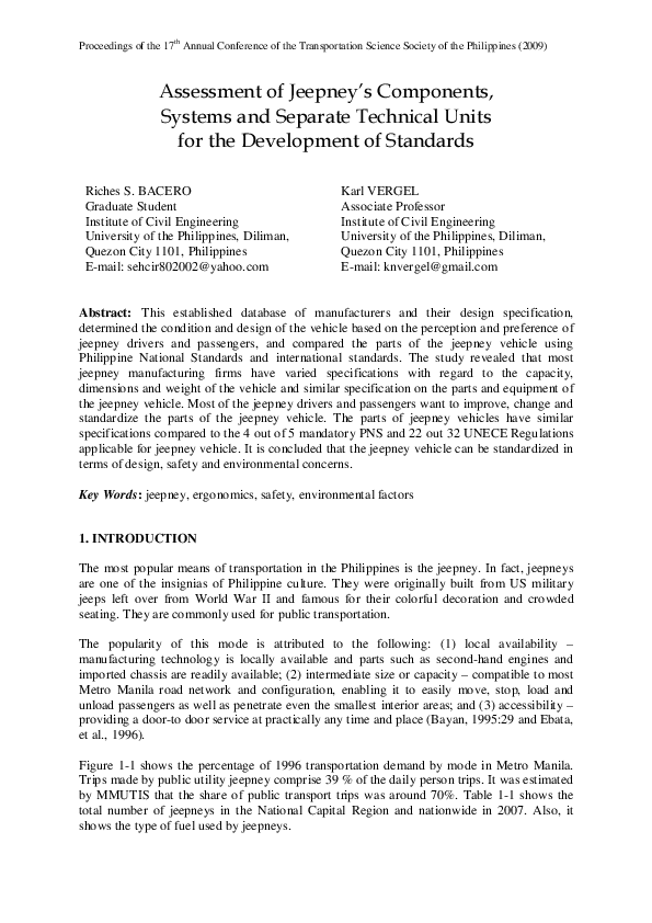 (PDF) Assessment of Jeepney ’ s Components , Systems and Separate ...