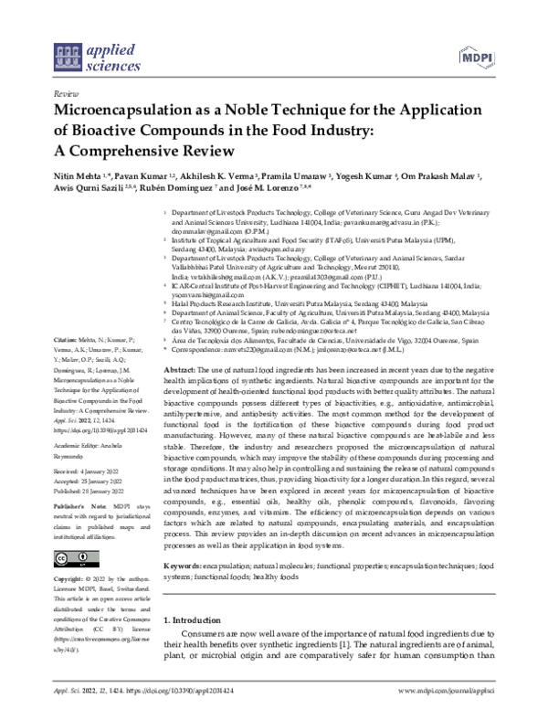 Pdf Microencapsulation As A Noble Technique For The Application Of Bioactive Compounds In The