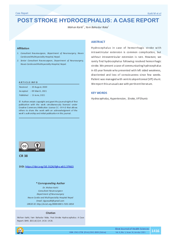 (PDF) Post Stroke Hydrocephalus: A Case Report