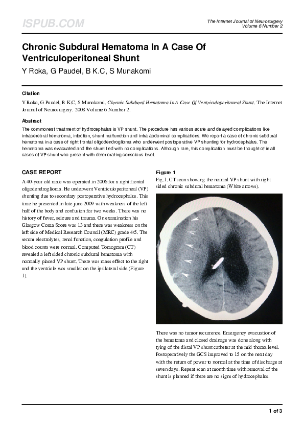 (PDF) Chronic Subdural Hematoma In A Case Of Ventriculoperitoneal Shunt