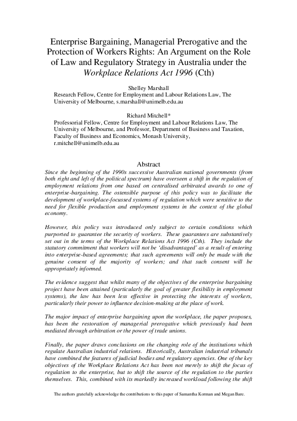 (PDF) Enterprise bargaining, managerial prerogative and the protection ...