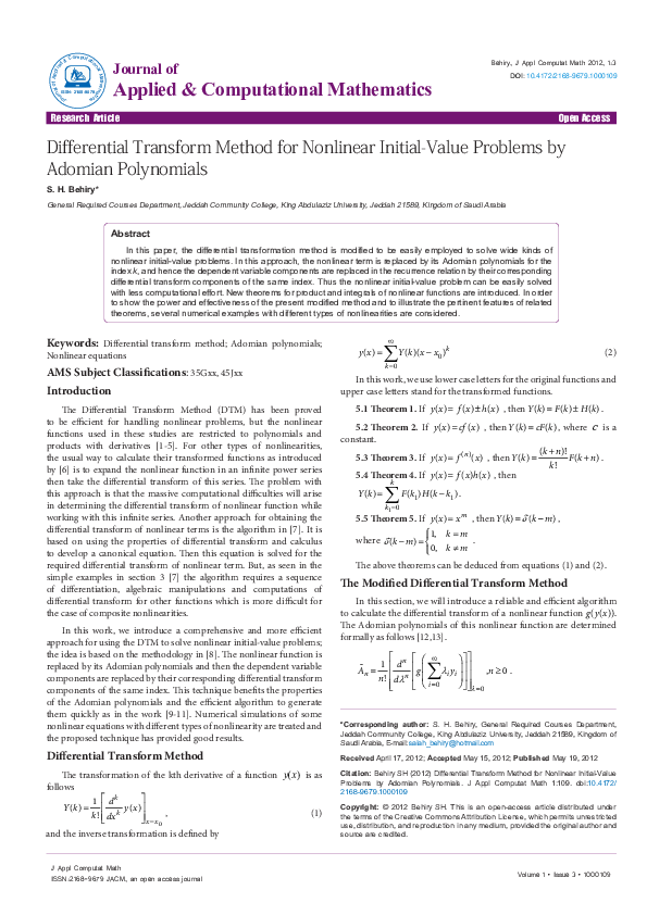 Pdf Differential Transform Method For Nonlinear Initial Value Problems By Adomian Polynomials