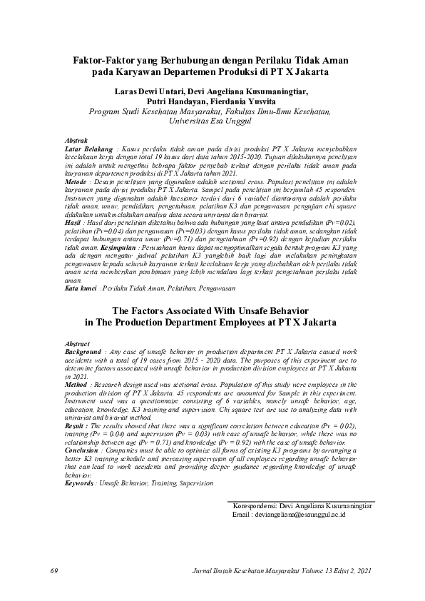 (PDF) Faktor-Faktor yang Berhubungan dengan Perilaku Tidak Aman pada Karyawan Departemen ...