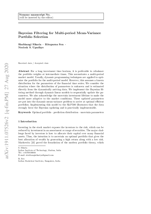 (PDF) Bayesian Filtering for Multi-period Mean-Variance Portfolio Selection