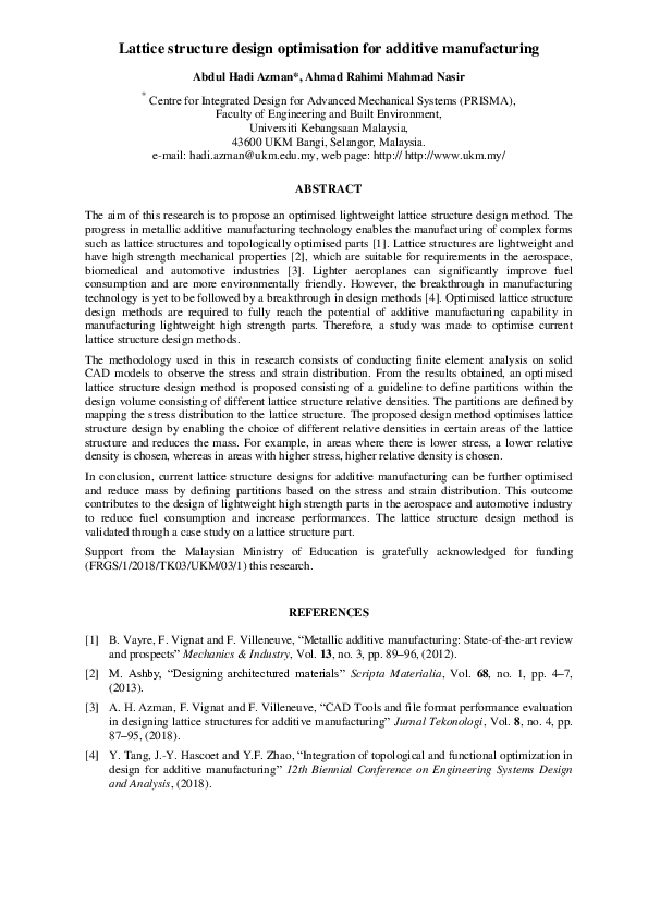 (PDF) Lattice structure design optimisation for additive manufacturing