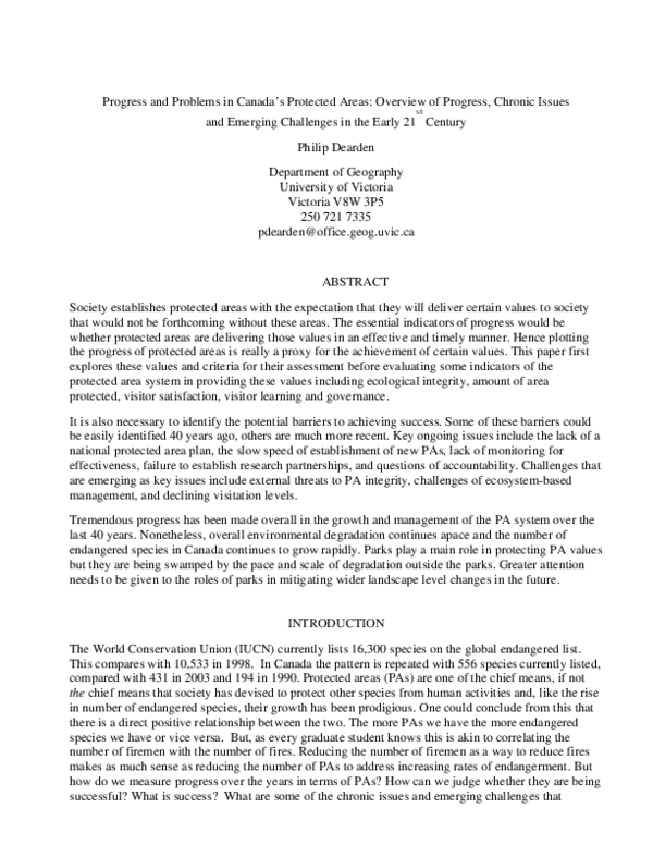 (PDF) Progress and Problems in Canada’s Protected Areas: Overview of ...