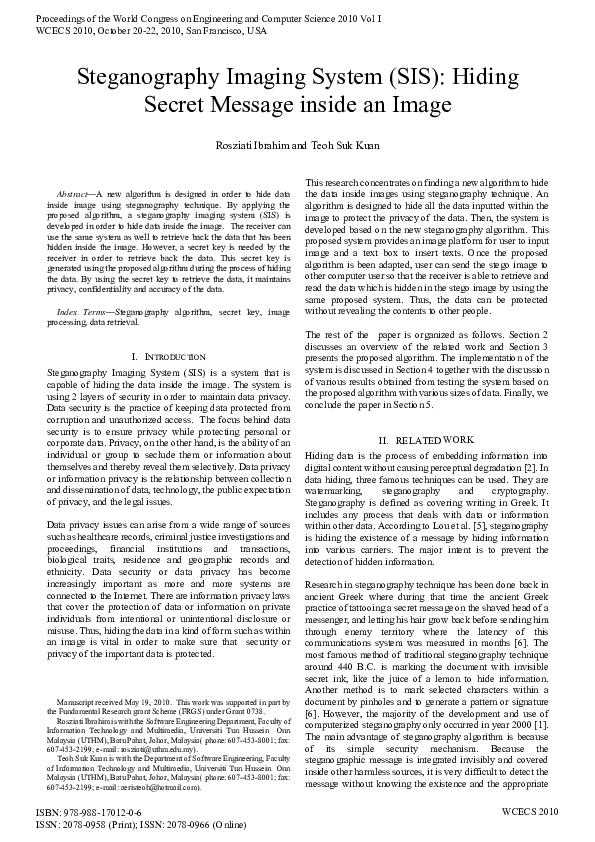 (PDF) Steganography Imaging System (SIS): Hiding Secret Message inside an Image