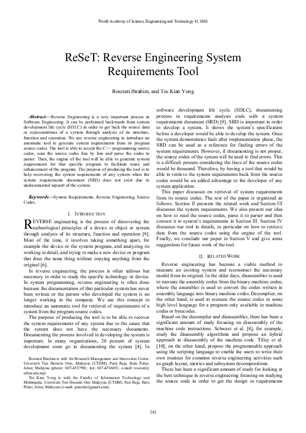 Pdf Reset Reverse Engineering System Requirements Tool