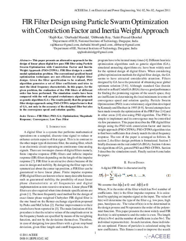 Pdf Fir Filter Design Using Particle Swarm Optimization With Constriction Factor And Inertia