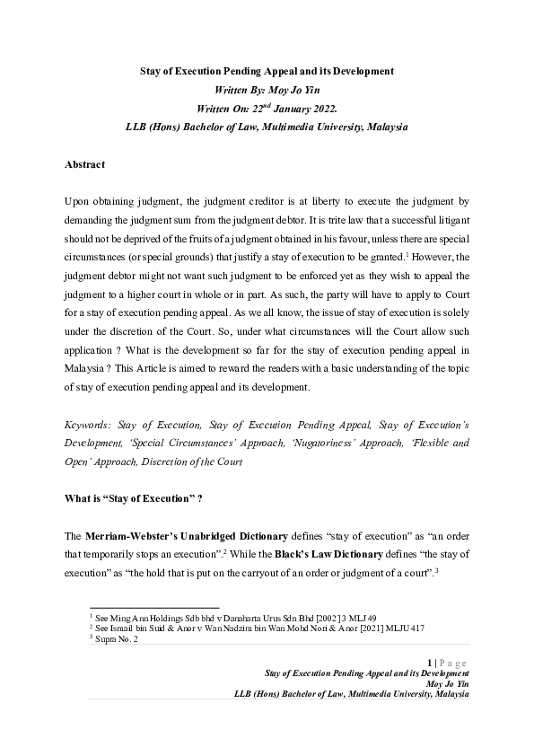 (PDF) Stay of Execution Pending Appeal and its Development