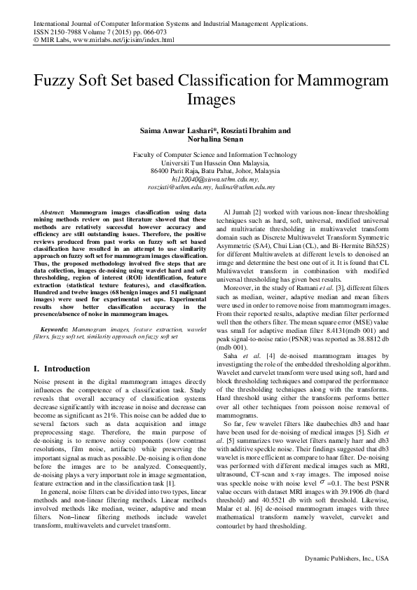 (PDF) Fuzzy Soft Set based Classification for Mammogram Images