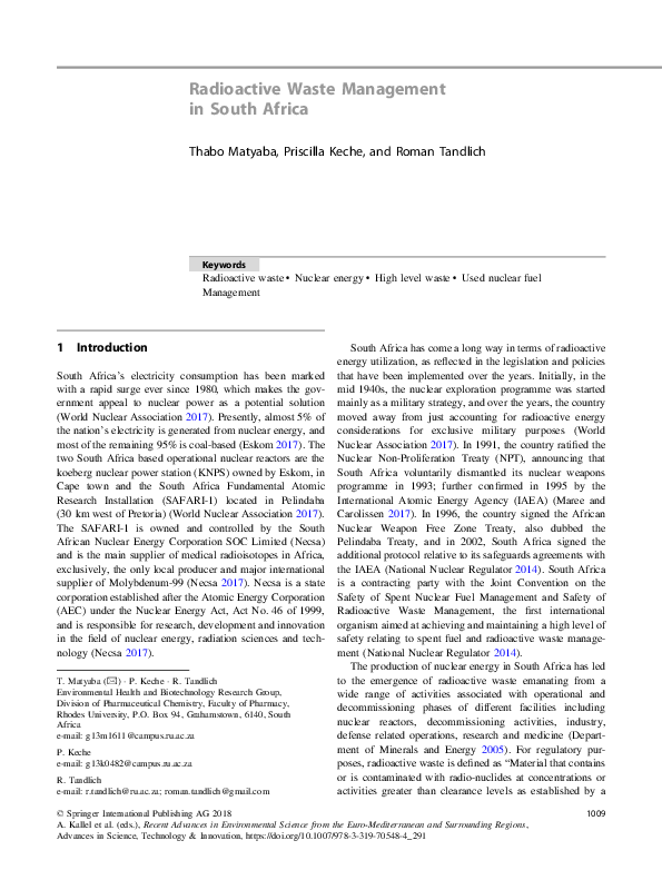 (PDF) Radioactive Waste Management in South Africa