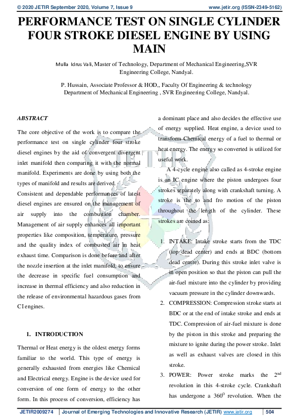 (PDF) Performance Test on Single Cylinder Four Stroke Diesel Engine by ...