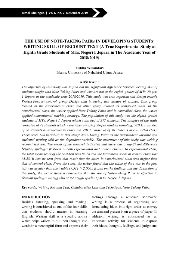(PDF) THE USE OF NOTE-TAKING PAIRS IN DEVELOPING STUDENTS’ WRITING SKILL OF RECOUNT TEXT (A True ...