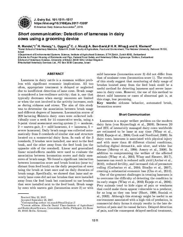 (PDF) Short communication: Detection of lameness in dairy cows using a grooming device