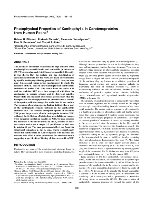 (PDF) Photophysical Properties of Xanthophylls in Carotenoproteins from ...