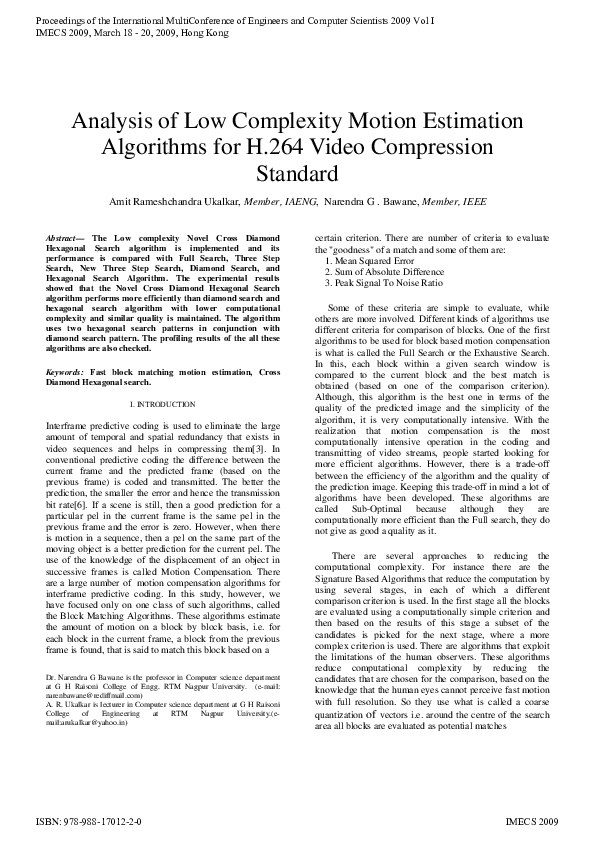 (PDF) Analysis of Low Complexity Motion Estimation Algorithms for H . 264 Video Compression Standard