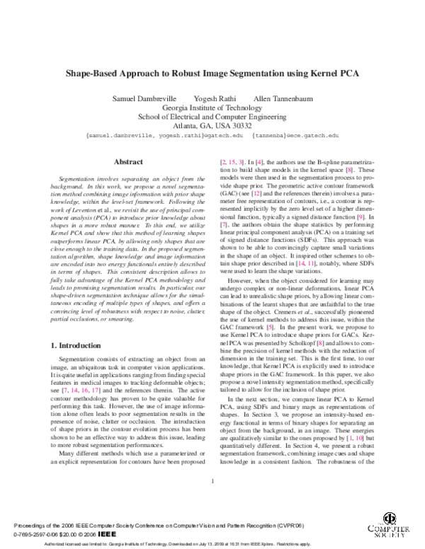 Pdf Shape Based Approach To Robust Image Segmentation Using Kernel Pca