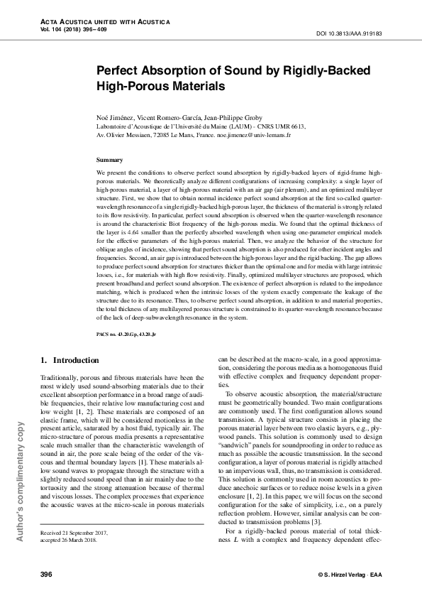 (PDF) Perfect Absorption of Sound by Rigidly-Backed High-Porous Materials