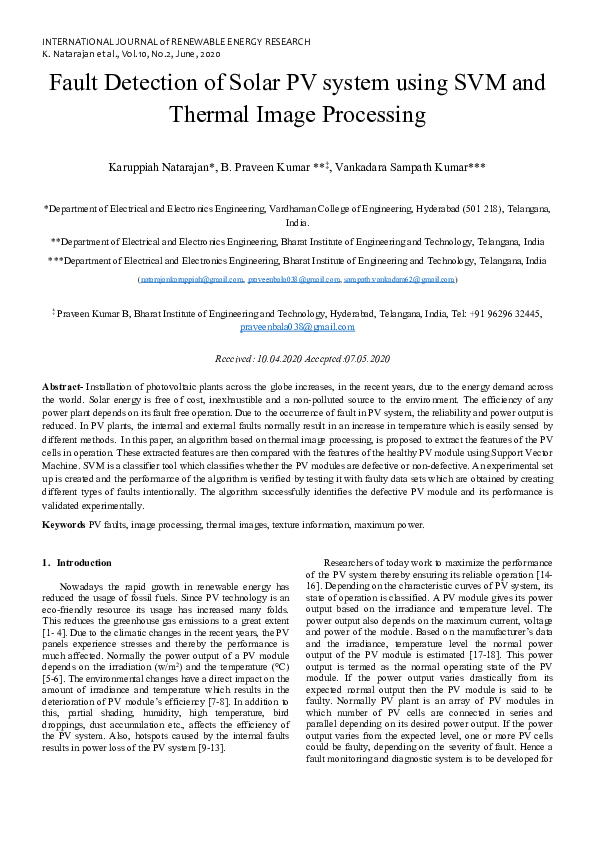 (PDF) Fault Detection of Solar PV System Using SVM and Thermal Image Processing