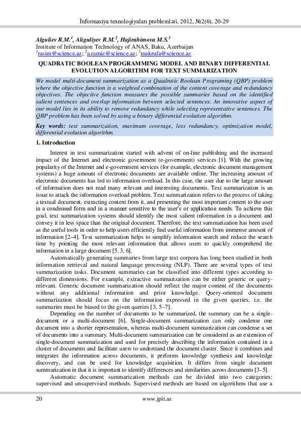Pdf Quadratic Boolean Programming Model And Binary Differential Evolution Algorithm For Text