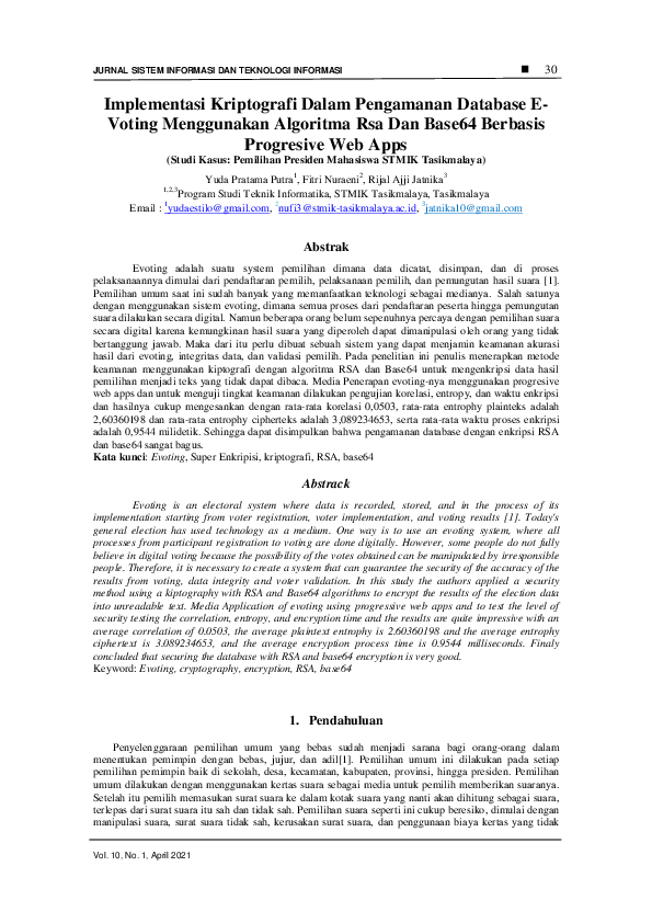 Pdf Implementasi Kriptografi Dalam Pengamanan Database E Voting Menggunakan Algoritma Rsa Dan