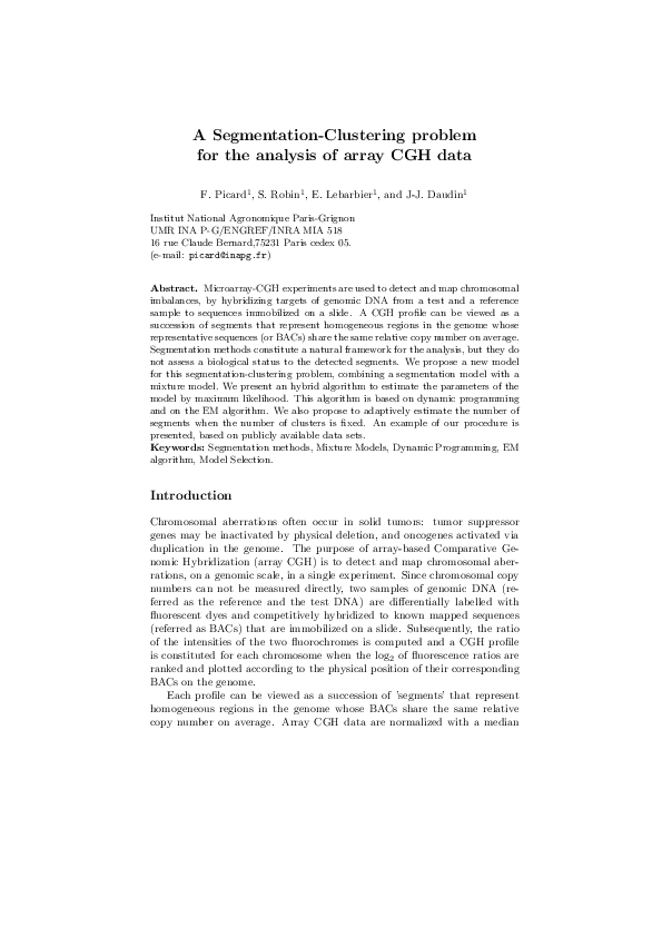 Pdf A Segmentation Clustering Problem For The Analysis Of Array Cgh Data 