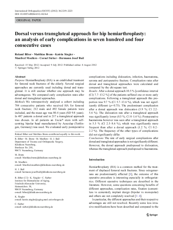 (PDF) Dorsal versus transgluteal approach for hip hemiarthroplasty: an ...
