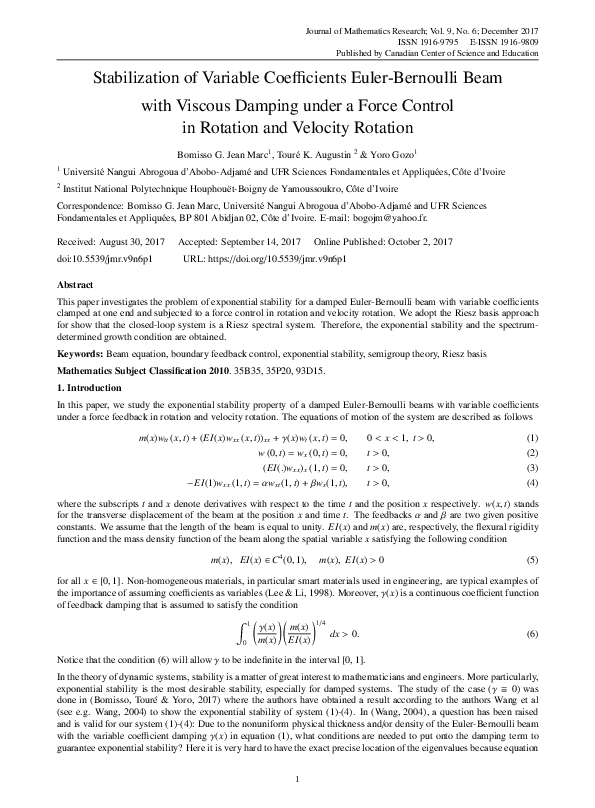 (PDF) Stabilization of Variable Coefficients Euler-Bernoulli Beam with Viscous Damping under a ...