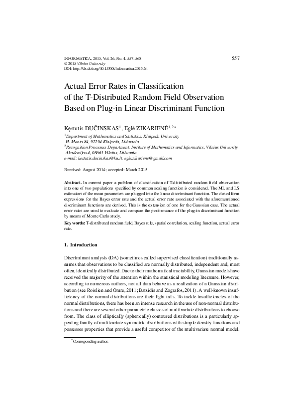 Pdf Actual Error Rates In Classification Of The T Distributed Random Field Observation Based