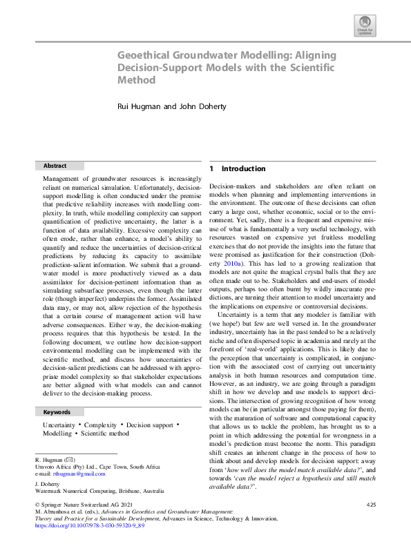 Pdf Geoethical Groundwater Modelling Aligning Decision Support Models With The Scientific Method