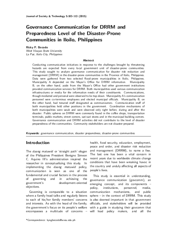 (PDF) Governance Communication for DRRM and Preparedness Level of the ...