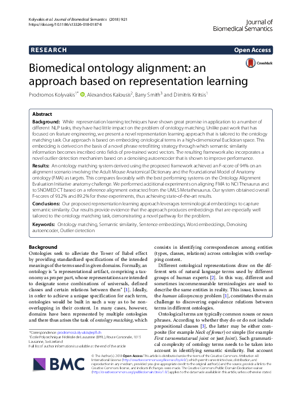Pdf Biomedical Ontology Alignment An Approach Based On Representation Learning