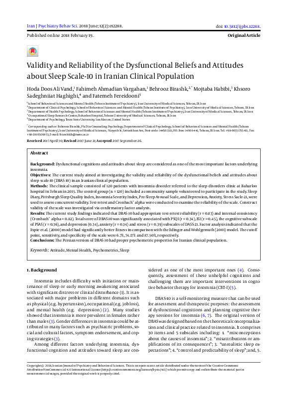 (PDF) Validity and Reliability of the Dysfunctional Beliefs and Attitudes Toward Sleep Scale-10 ...