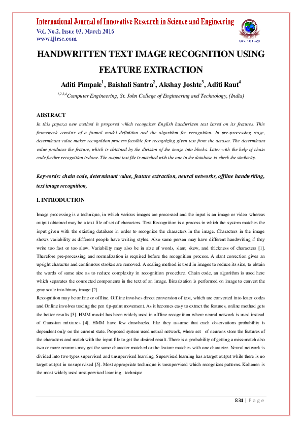 Pdf Handwritten Text Image Recognition Using Feature Extraction