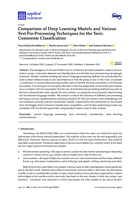 (PDF) Comparison of Deep Learning Models and Various Text Pre ...