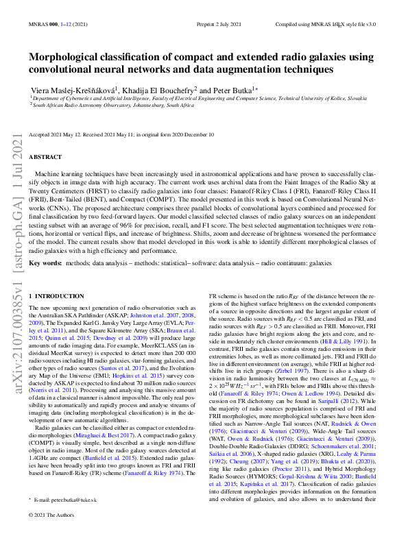 (PDF) Morphological classification of compact and extended radio galaxies using convolutional ...