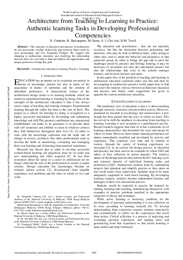 (PDF) Architecture from Teaching to Learning to Practice: Authentic ...