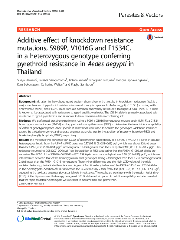 (PDF) Additive effect of knockdown resistance mutations, S989P, V1016G and F1534C, in a ...