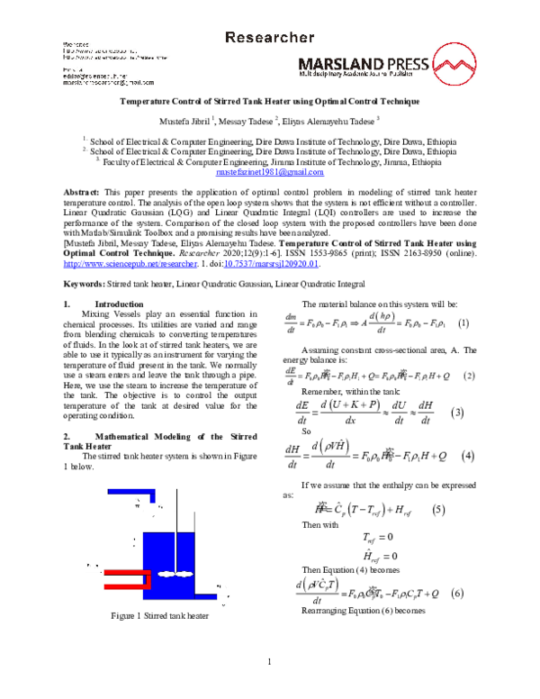 Pdf Temperature Control Of Stirred Tank Heater Using Optimal Control Technique