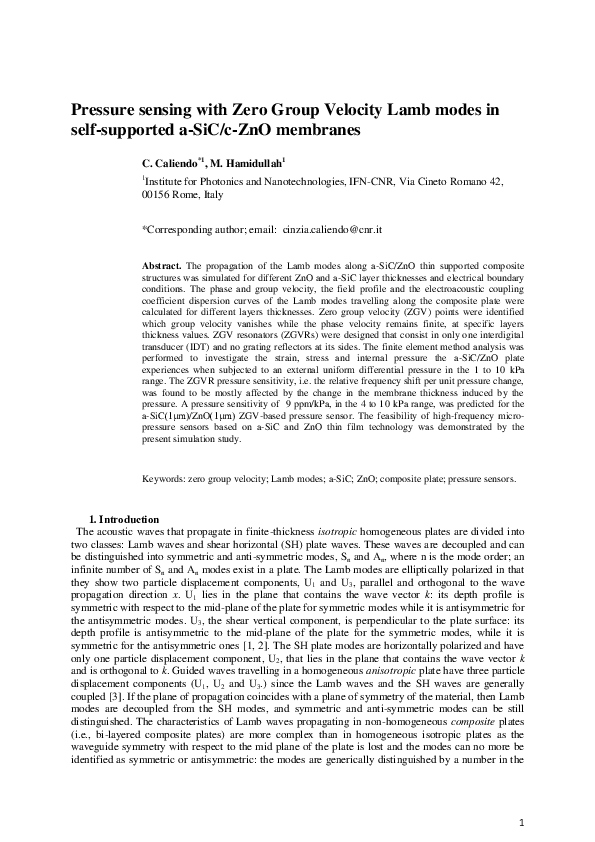 Pdf Pressure Sensing With Zero Group Velocity Lamb Modes In Self Supported A Sic C Zno Membranes