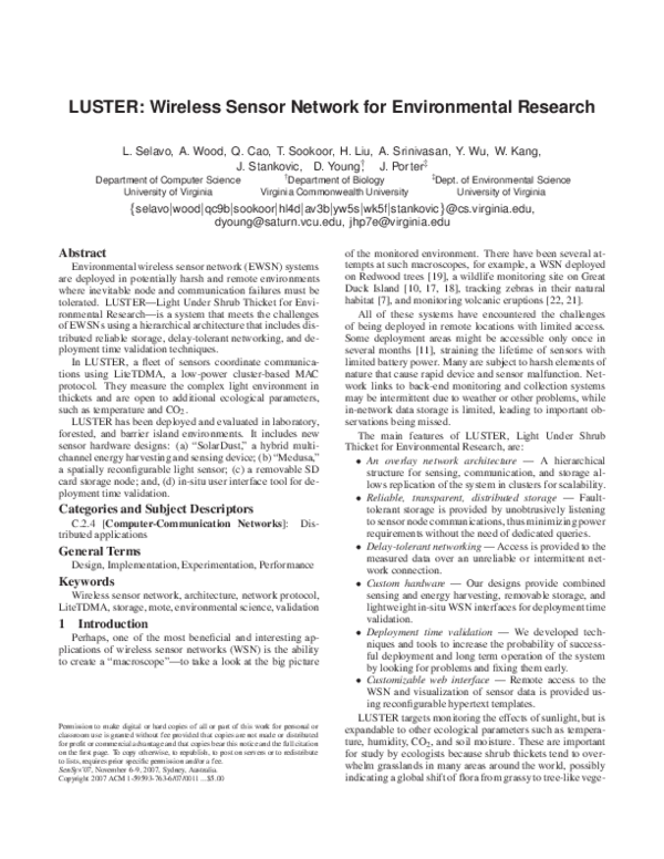 (PDF) Luster: wireless sensor network for environmental research