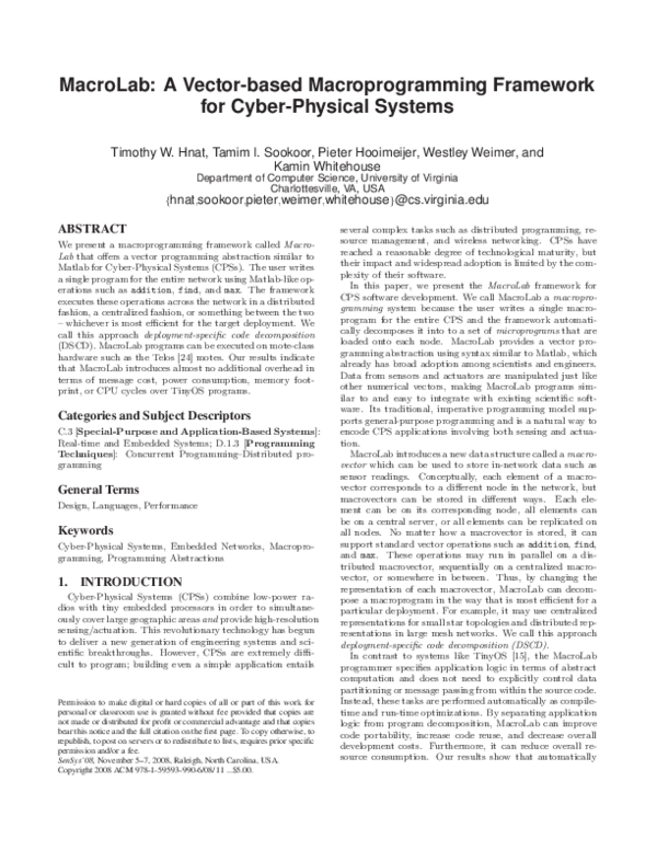 Pdf Macrolab A Vector Based Macroprogramming Framework For Cyber Physical Systems 
