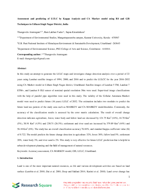 (PDF) Assessment and Predicting of LULC by Kappa Analysis and CA Markov model using RS and GIS ...