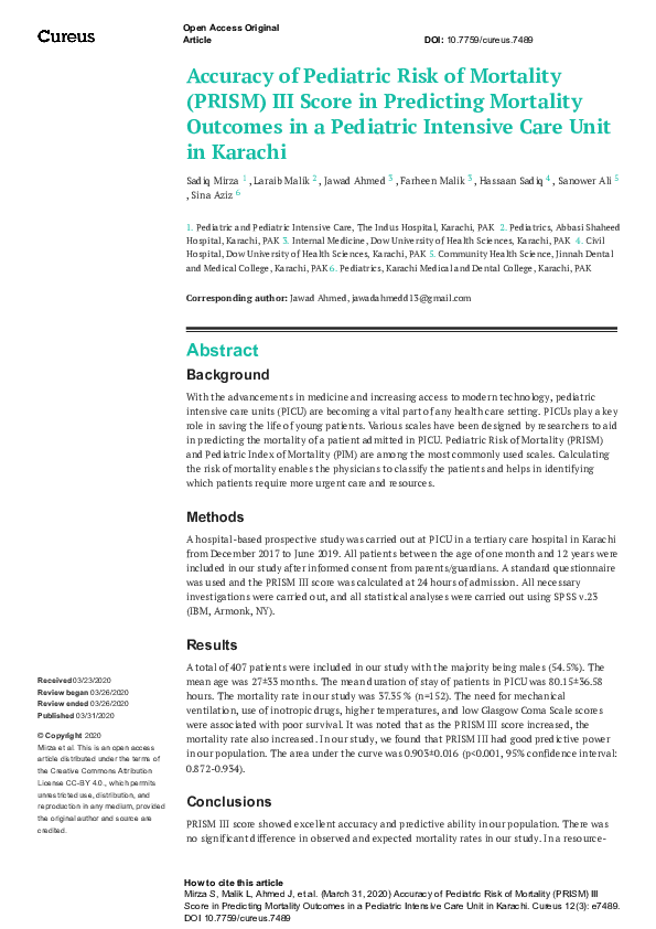 (PDF) Mortality Risk Assessment in Pediatric Intensive Care Unit of a ...