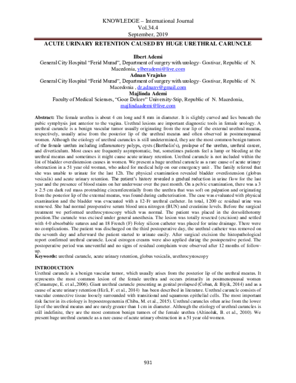 (PDF) Acute Urinary Retention Caused by Huge Urethral Caruncle