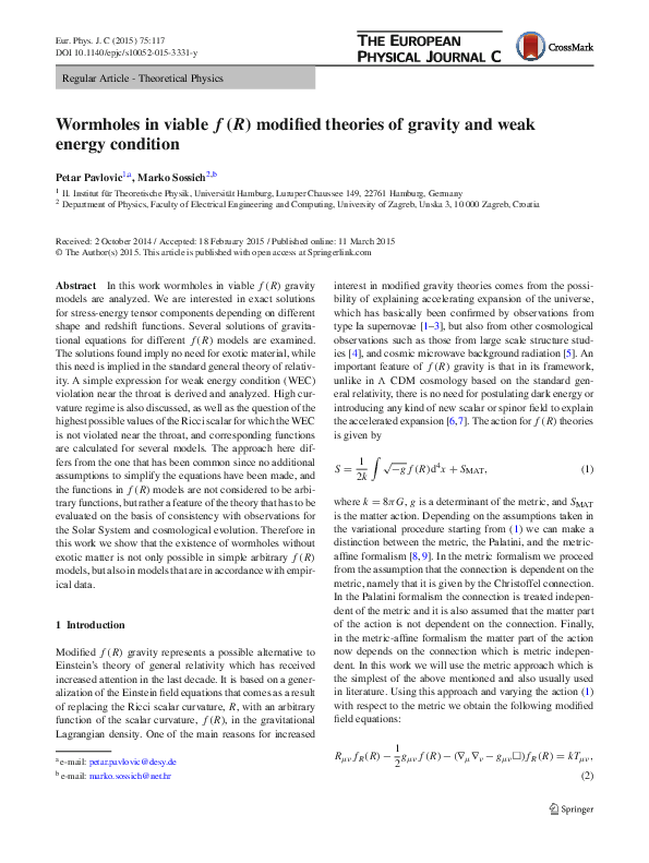 (PDF) Wormholes in viable $$f(R)$$ f ( R ) modified theories of gravity and weak energy condition