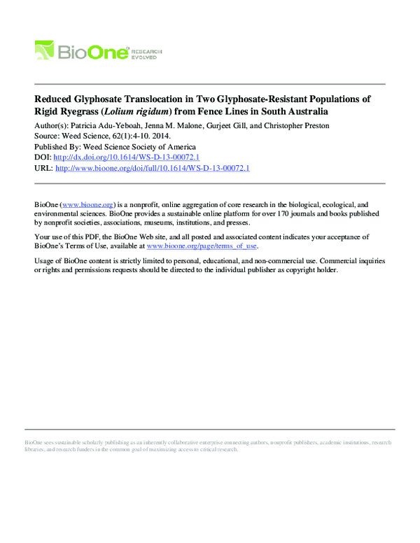 (PDF) Reduced Glyphosate Translocation in Two Glyphosate-Resistant ...